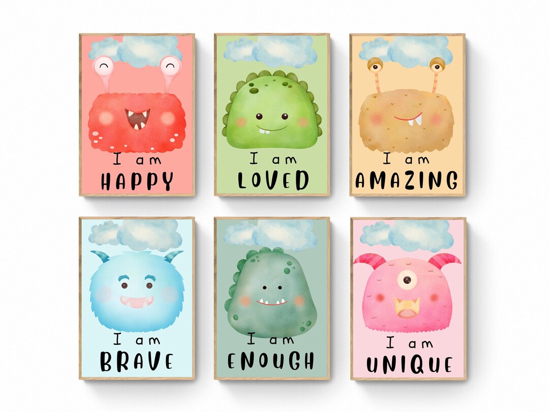 Set of 6 Colorful Monster Illustration Affirmations Printable Wall Art ...
