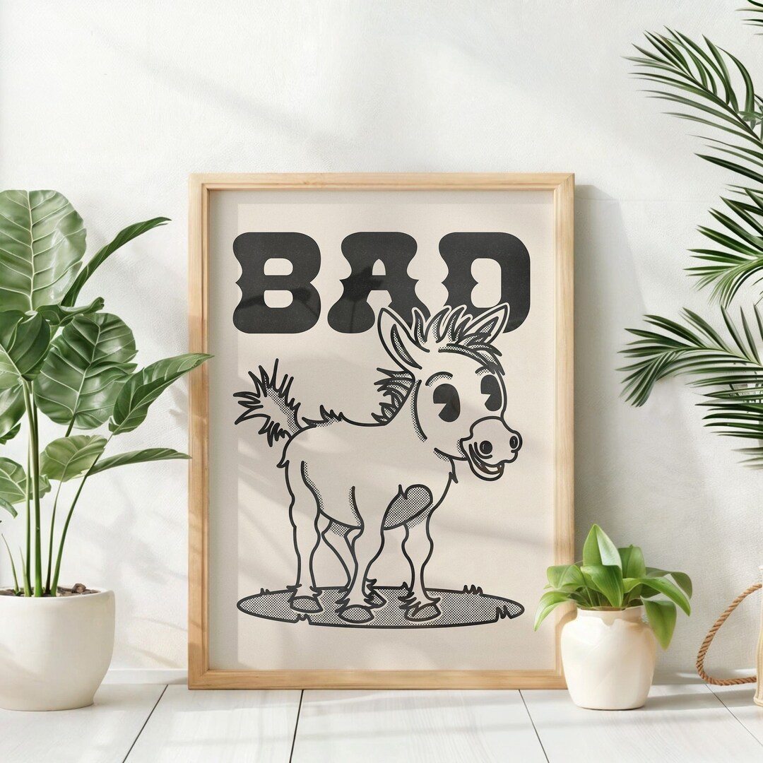 Bad Ass Poster, Funny Donkey Print, Retro Western Wall Decor, Handdrawn ...