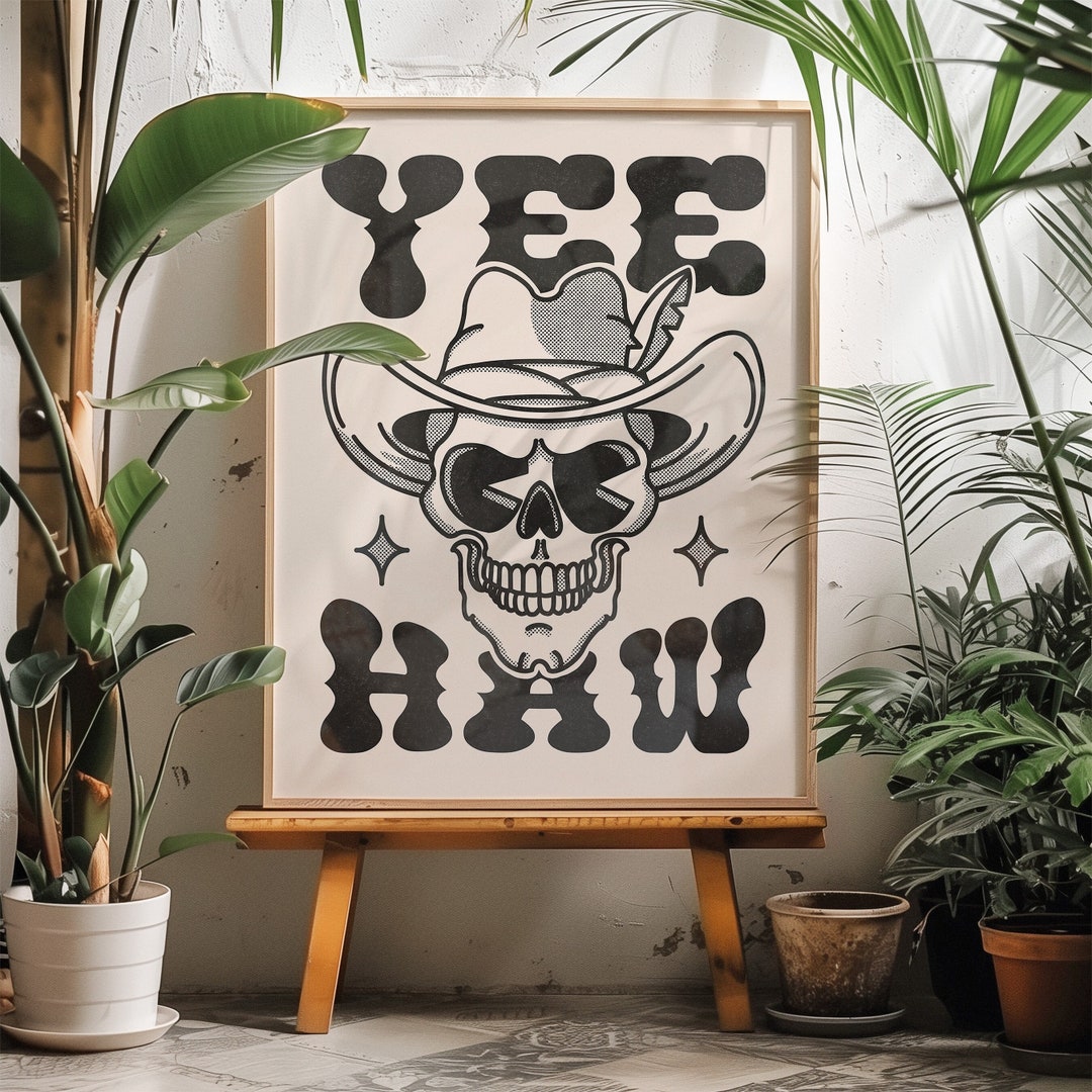 Yeehaw Print, Retro Cowboy Wall Art, Vintage Skeleton Poster, Wild West ...