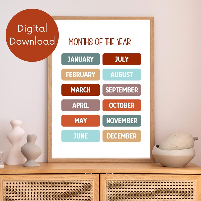 Months of the Year Educational Print, Boho Homeschool Print, Toddler ...