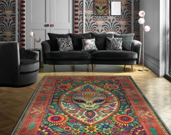 Alien Rug for Whimsical Room Decor, Unique Hypebeast Rug for Floral ...