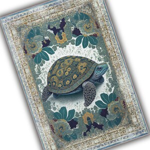 Sea Turtle Decor Rug, Vintage Art Deco Turtle and Flowers Rug, Beach ...