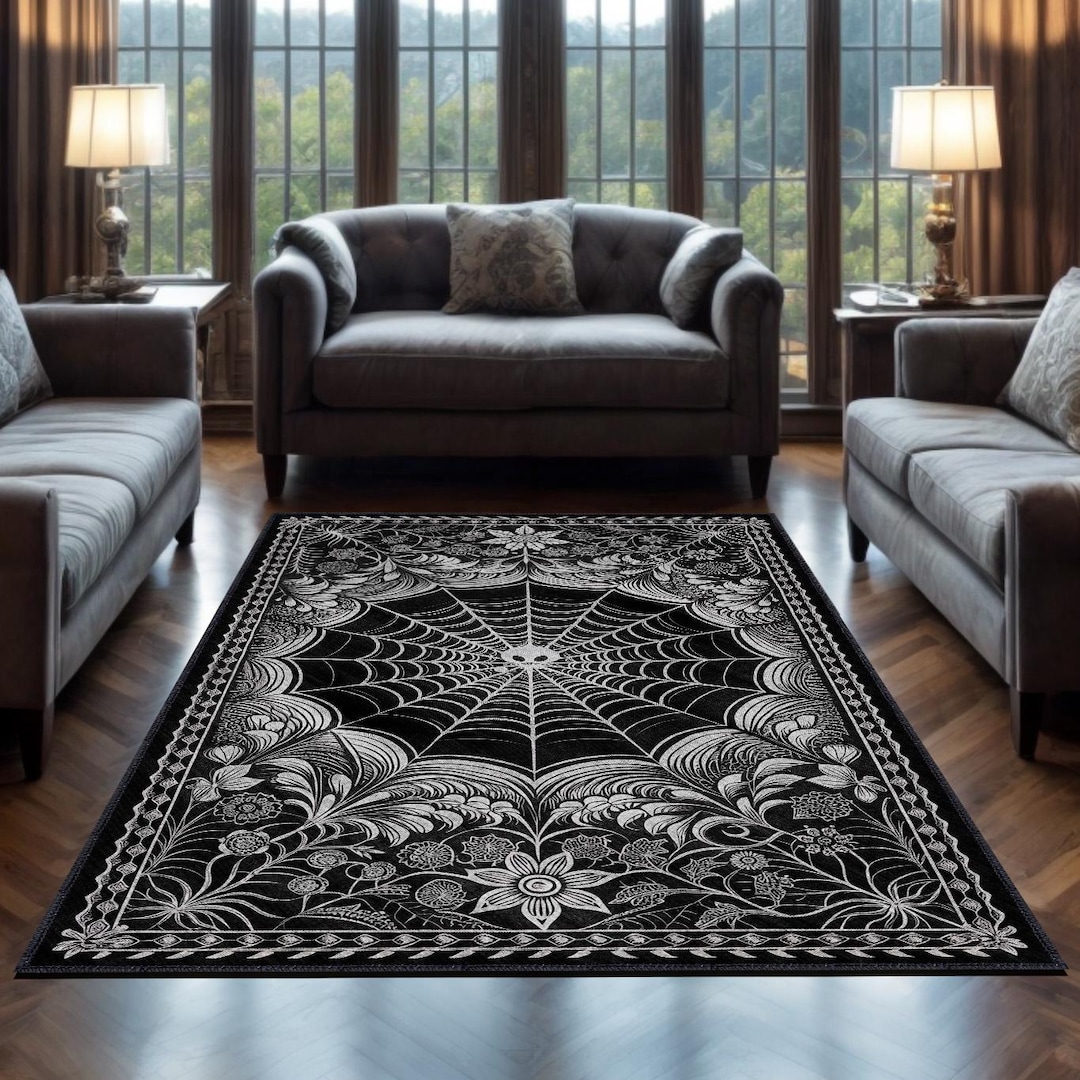 Black Gothic Rug for Dark Academia Decor, Spider Web Rug, Washable ...