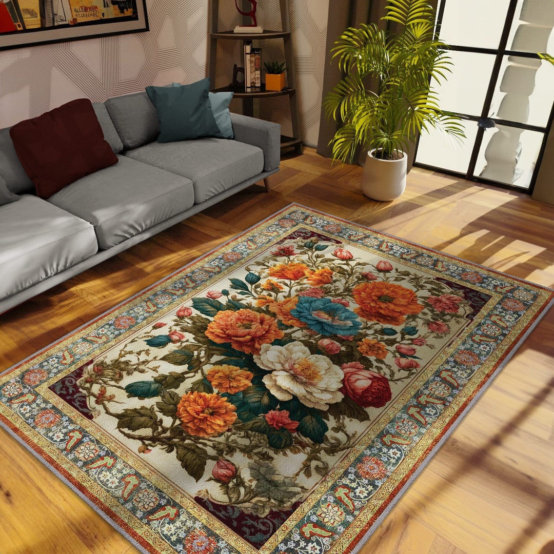Vintage Floral Area Rug – Colorful Rose & Peony Design, Washable Living ...