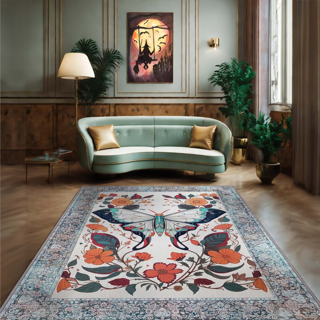 Moth Rug, Luna Moth, Boho Moth Vintage Look Digital Printed Insect Rug ...