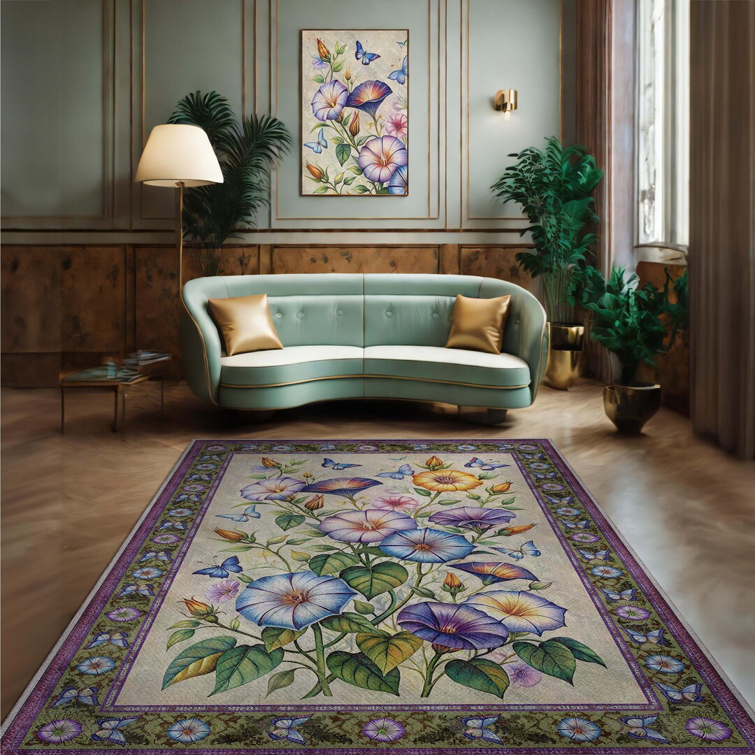 Morning Glories Rug, Washable Rug With Morning Glories and Butterflies ...