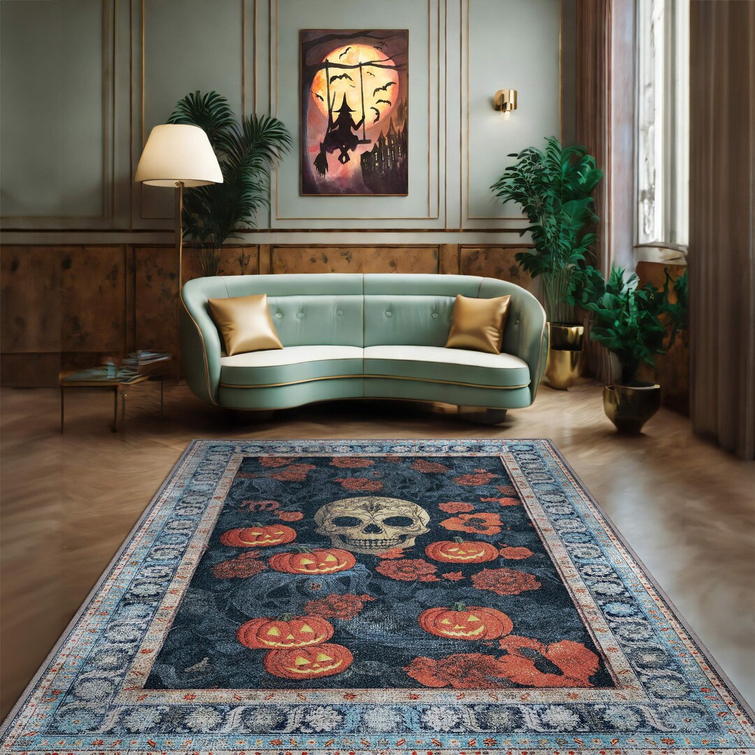 Halloween Rug With Skull Pumpkins Flowers and Vintage Rug Pattern ...