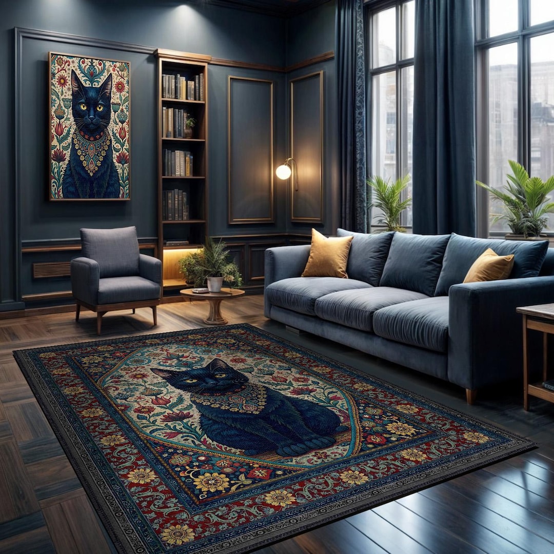 Gothic Black Cat Rug for Cottage Goth Decor, Floral Dark Academia Rug ...