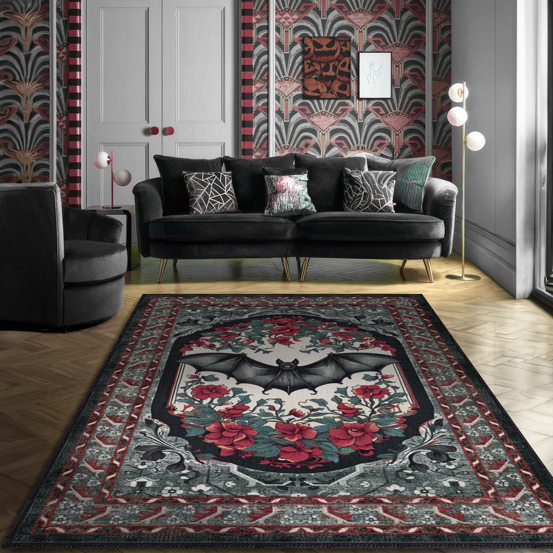 Gothic Rug for Bat Home Decor, Black and Wine Red Maximalist Rug for ...