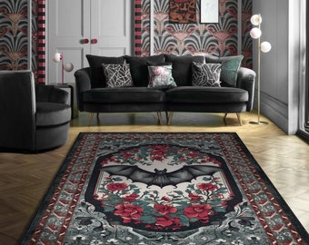 Gothic Rug for Bat Home Decor, Black and Wine Red Maximalist Rug for ...