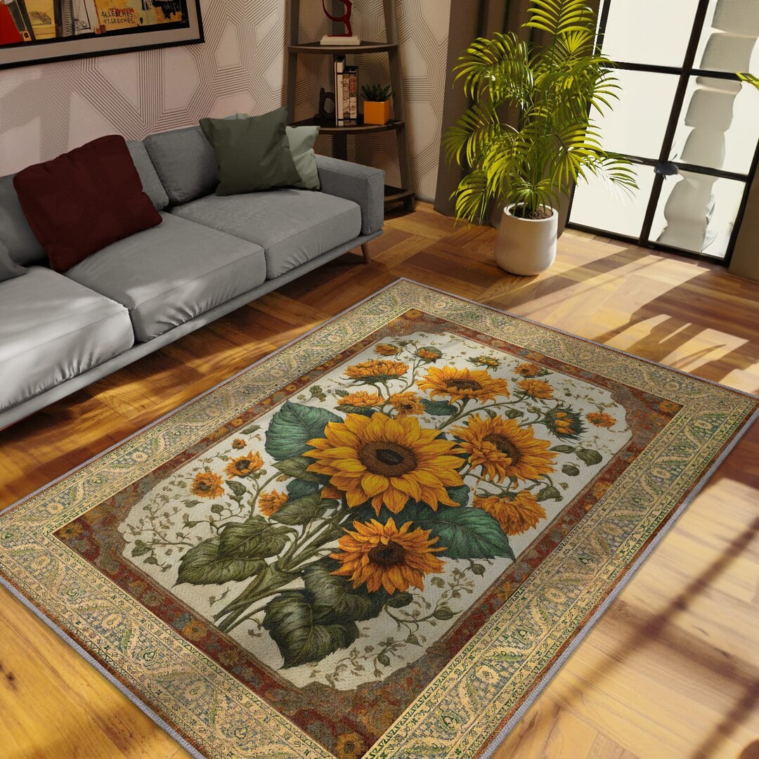 Sunflower Rug – Vintage Floral Washable Rug for Living Room, Farmhouse ...