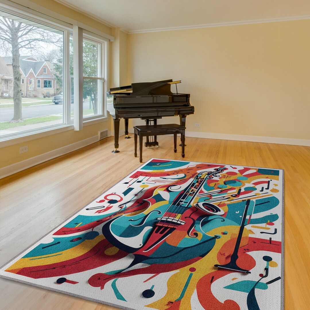 Pop Art Abstract Guitar and Sax Rug, Colorful Music Room Decor, Music ...