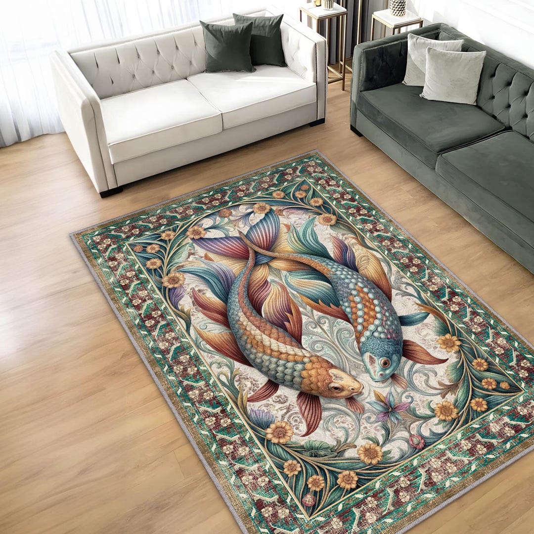 Koi Rug, Koi Fish Art Rug for Oriental Living Room Decor, Turkish Rug ...