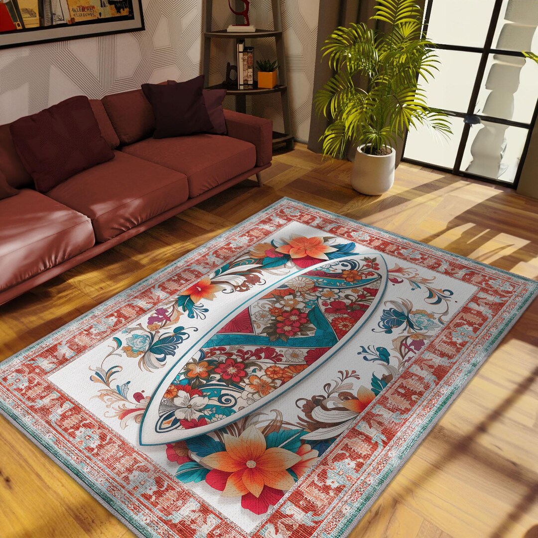 Tropical Surf Rug for Surf Lover Gift, Floral Beachy Rug for Surf Decor ...