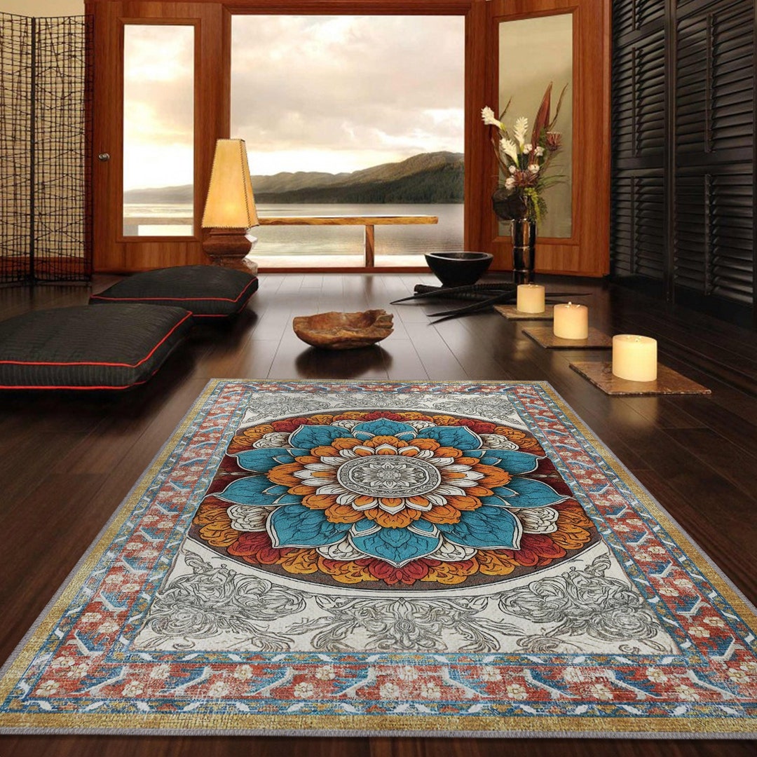Mandala Rug, Colorful Rug for Meditation Room Decor, Floral Mandala Rug ...