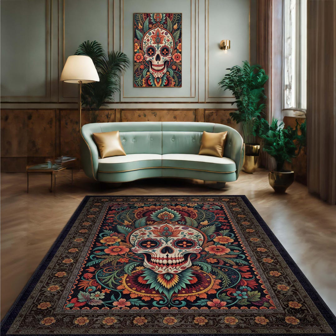 Floral Skull Rug for Horror Room Decor, Boho Gothic Rug for Grunge Room ...