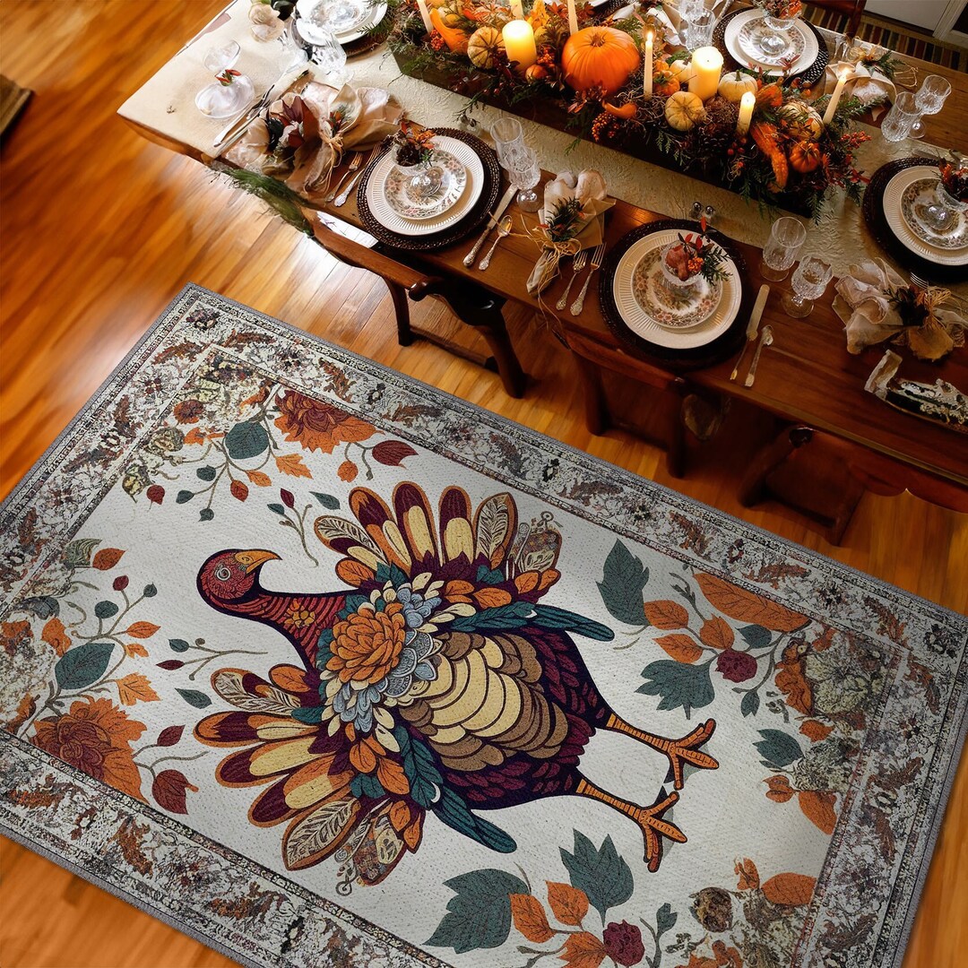Colorful Thanksgiving Decor Turkey Maximalist Rug, Thanksgiving Dining ...