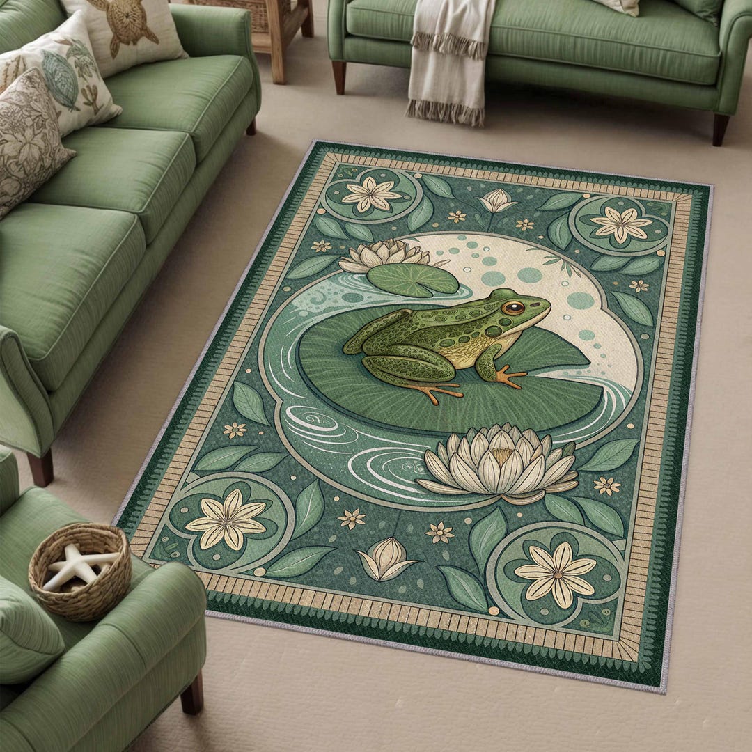 Green Frog Rug on Lily Pad, Sage Green Washable Rug, Art Nouveau Decor ...