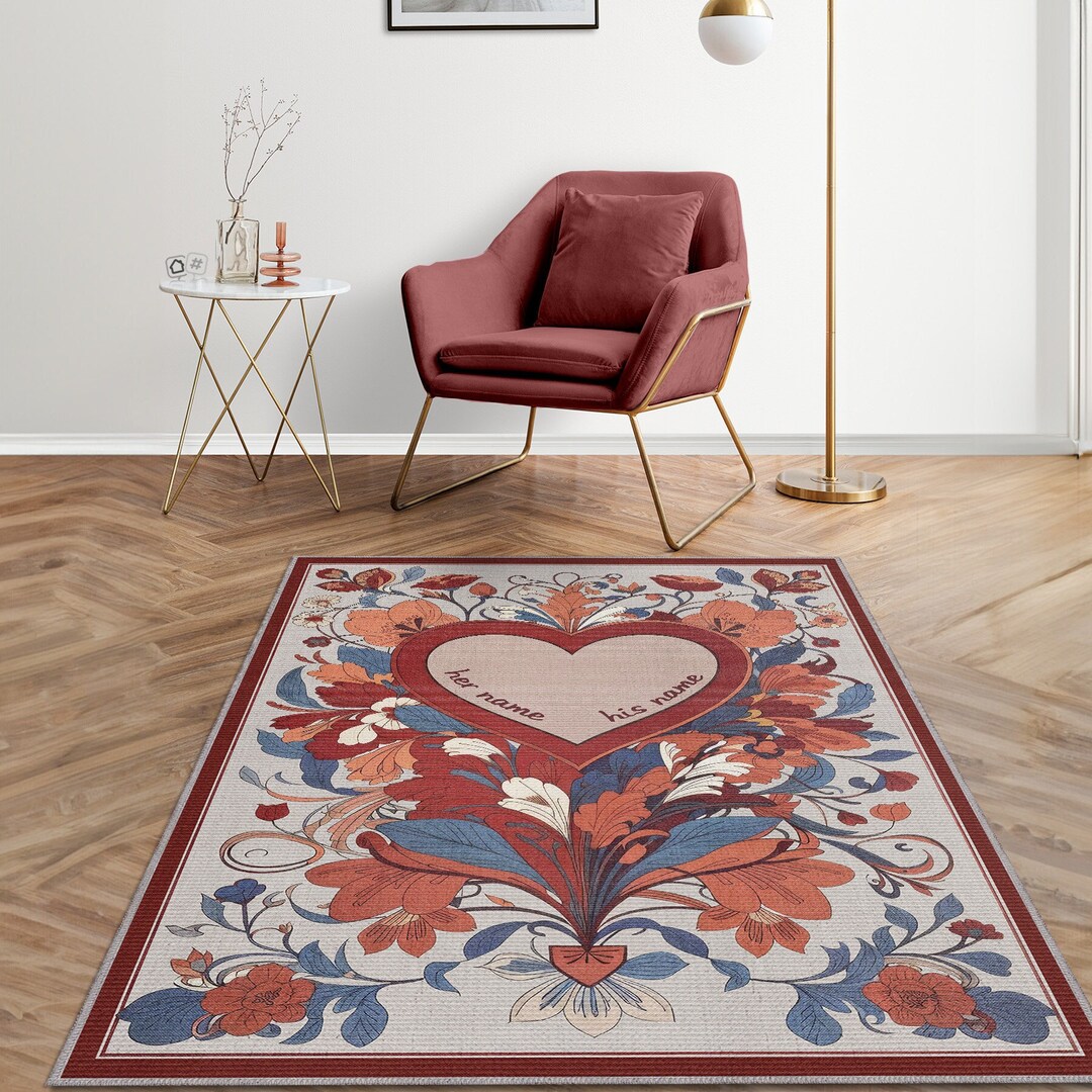 Custom Love Rug for Valentines Home Decor, Floral Heart Vintage Rug for ...
