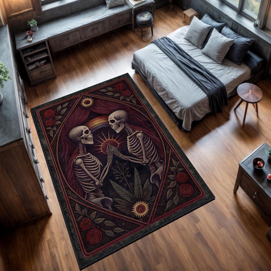 Skeleton Rug, Rainbow Goth Decor, Gothic Rose Rug, Floral Dark Gothic ...
