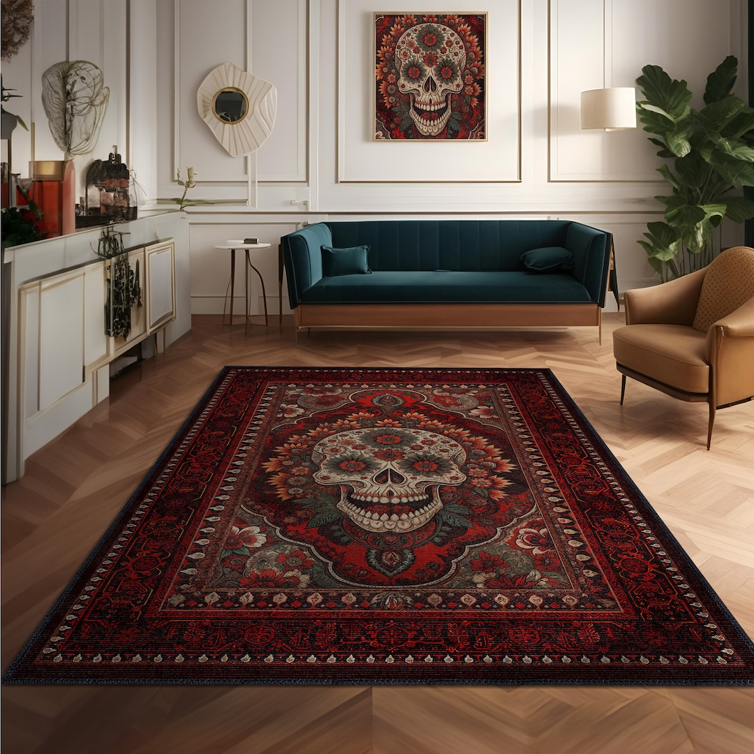 Skull Rug, Moody Rug for Gothic Home Decor, Sugar Skull Bloom Rug, Dark ...