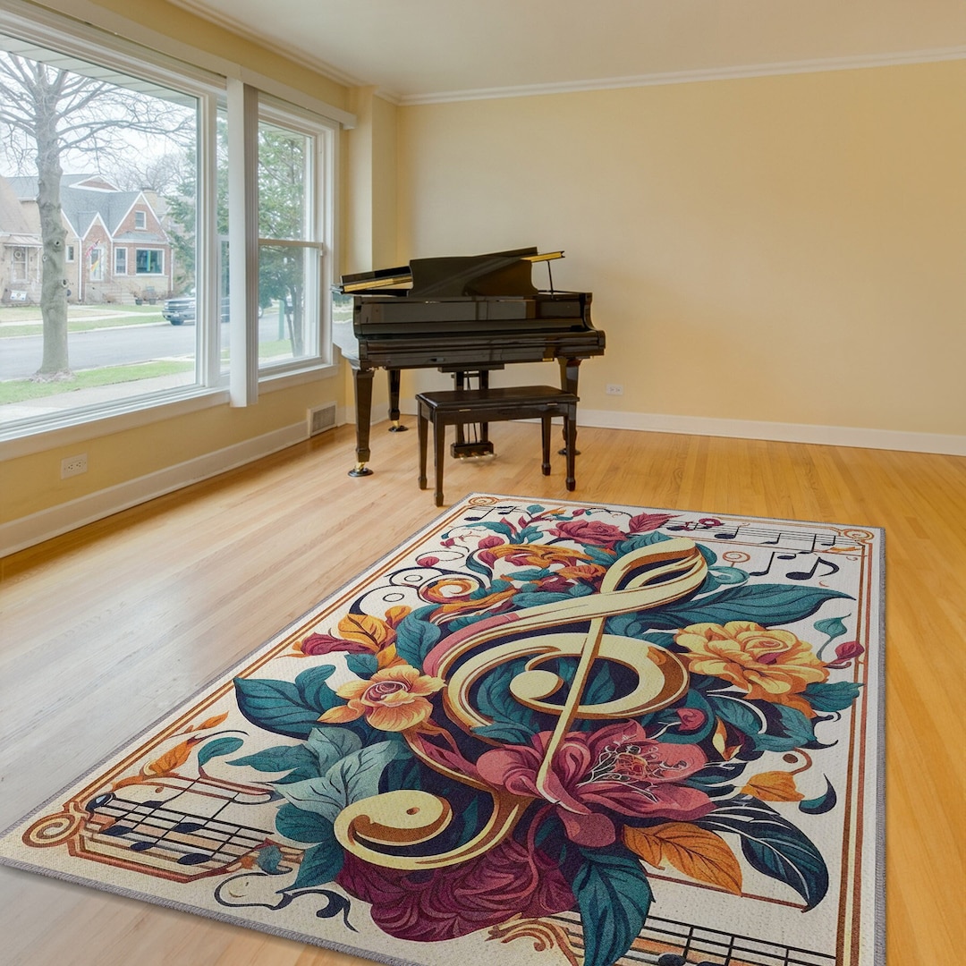 Art Deco Music Rug, Note in Flowers, Music Home Decor, Treble Clef ...