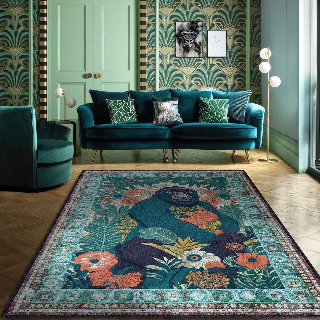 Art Deco Gorilla Rug, Forest Green Rug, Maximalist Art Rug, Flower Rug ...