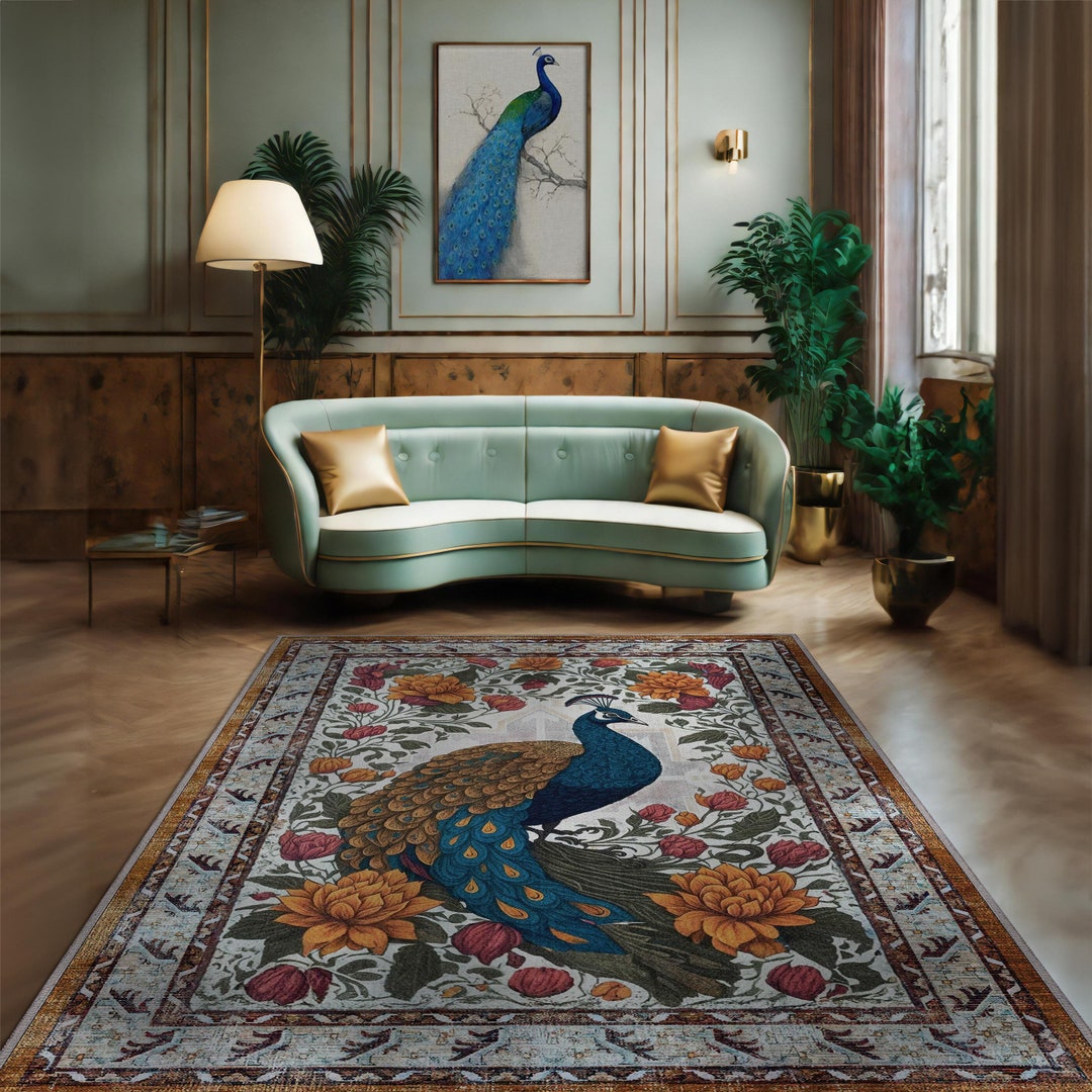 Aesthetic Peacock Rug for Modern Living Room Decor, Persian Animal Rug ...