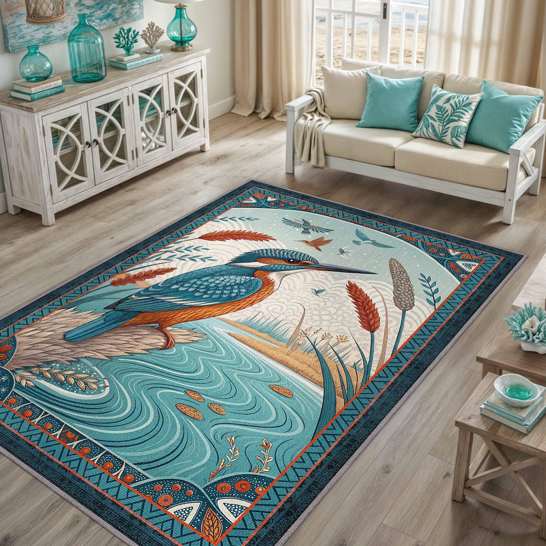 Kingfisher Bird Rug, River Landscape Rug, Wildlife Art Home Decor, Boho ...
