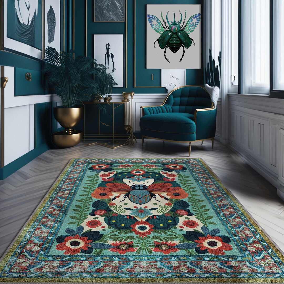 Art Deco House Fly Rug, Bug and Flowers Vintage Rug, Unique Rug for ...