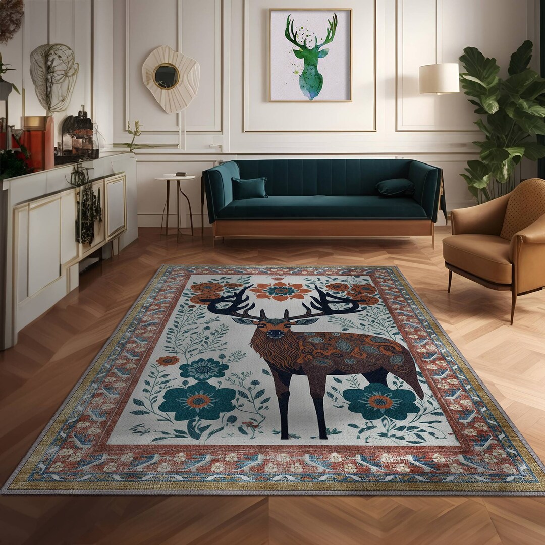 Elk Rug, Flower Rug, Christmas Elk Decor, Animal Rug, Nature Rug, Art ...