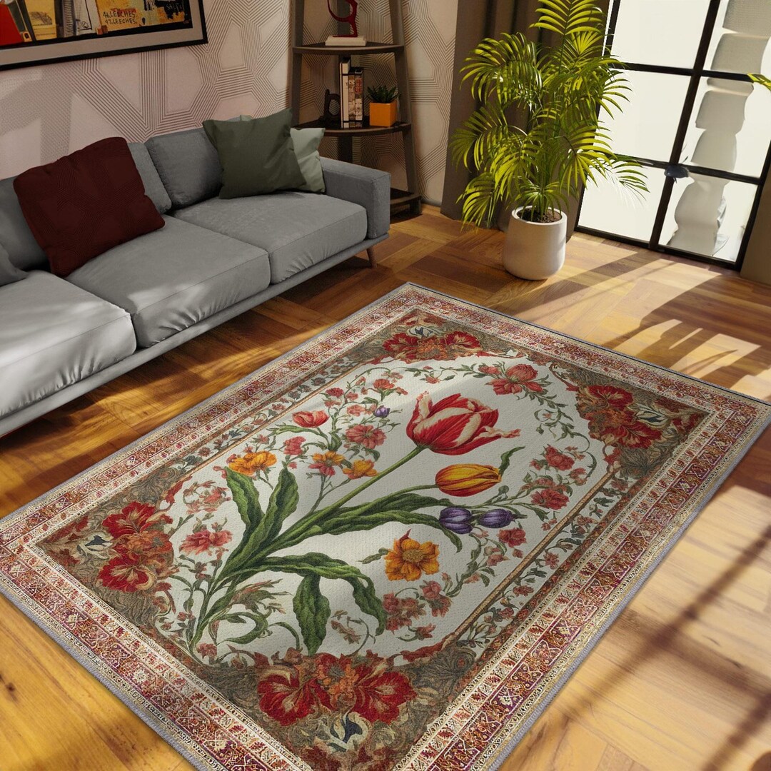 Tulip Rug for French Country Decor, Washable Flower Rug for Vintage ...