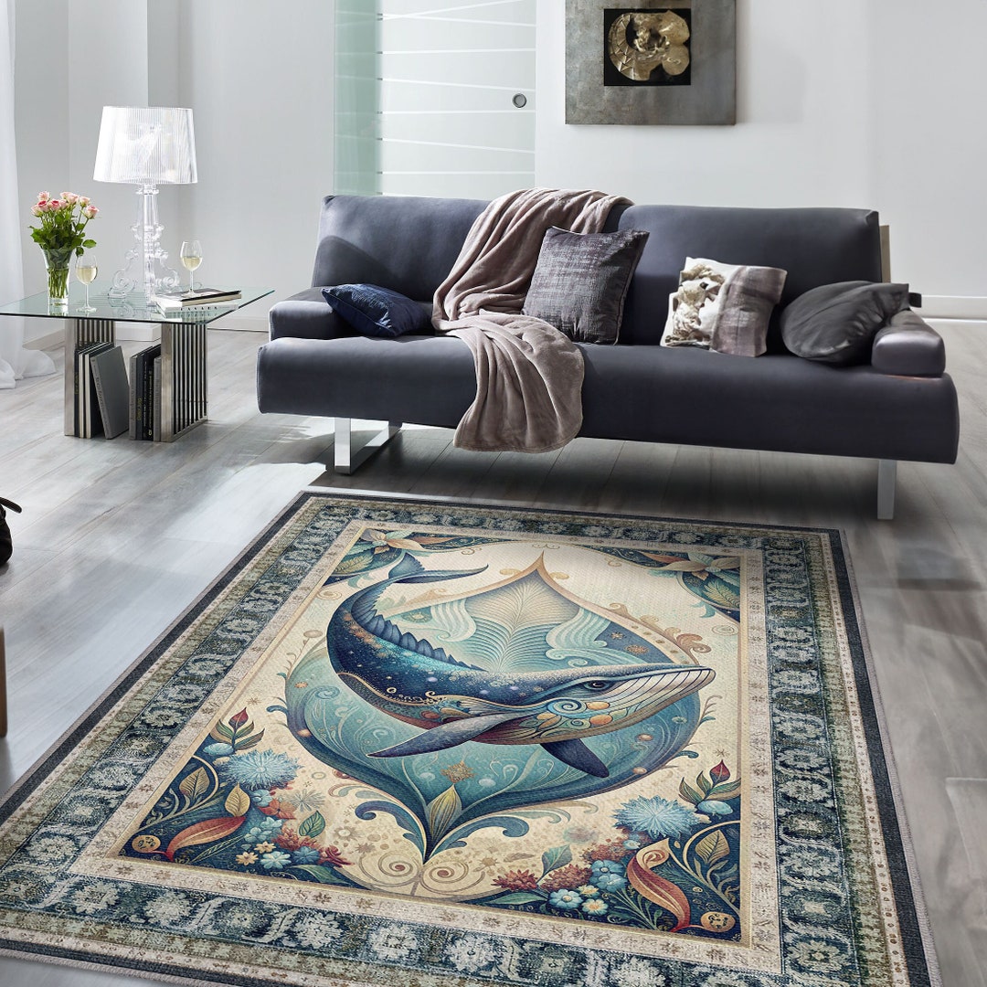 Whale Printed Rug for Ocean Inspired Decor, Blue and Cream Aesthetic ...