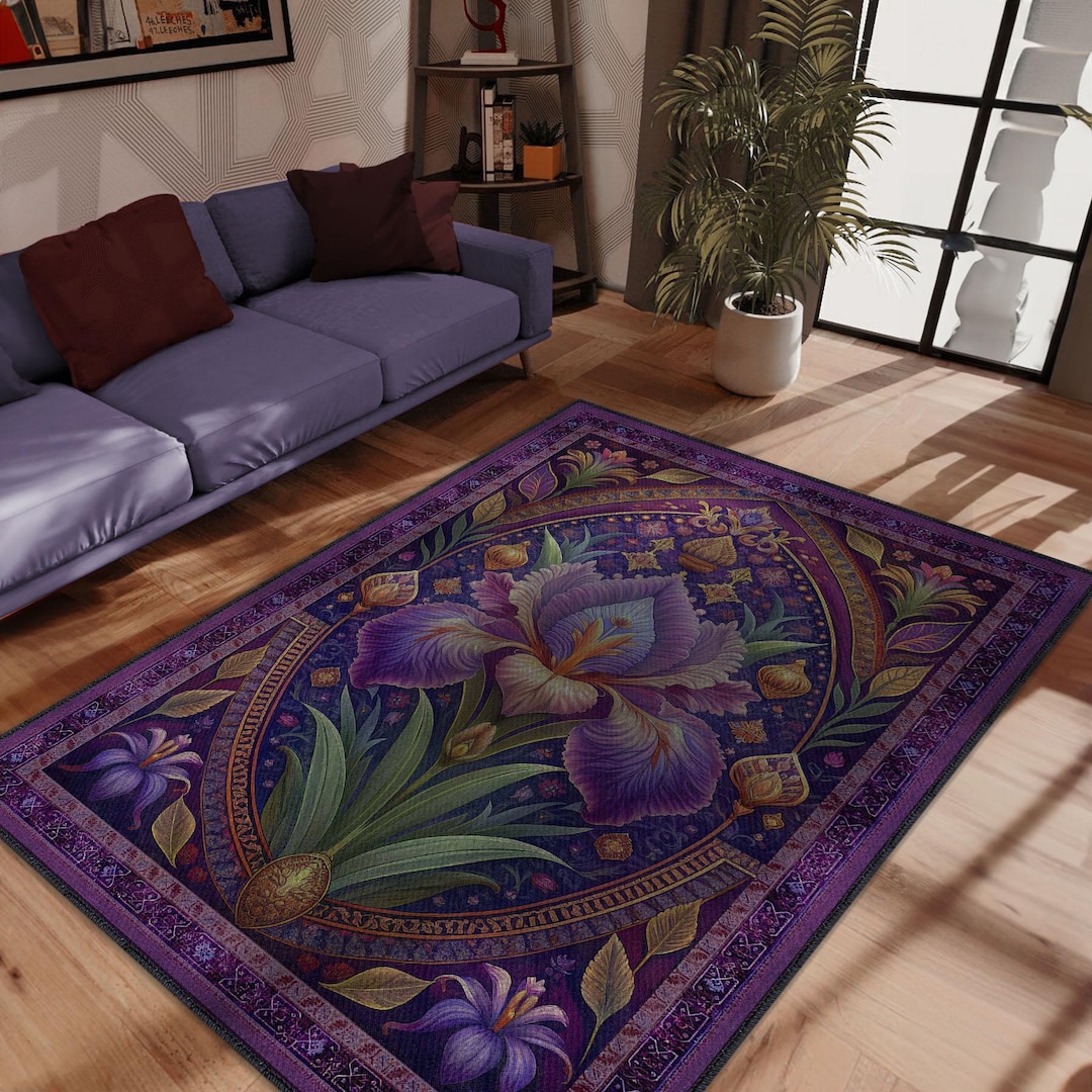 Iris Rug, Purple Flower Rug, Purple Area Rug, Maximalist Decor, Nature ...