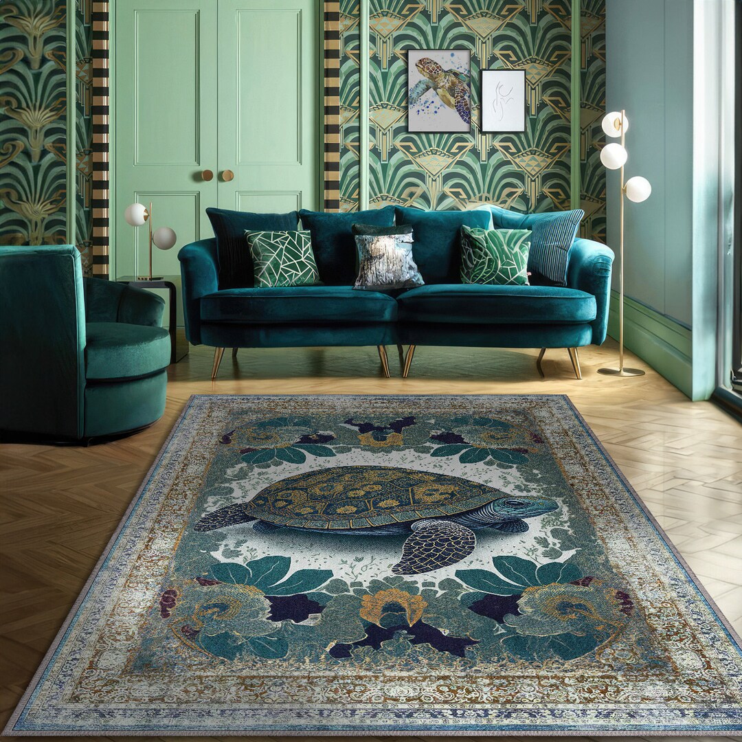 Sea Turtle Decor Rug, Vintage Art Deco Turtle and Flowers Rug, Green ...