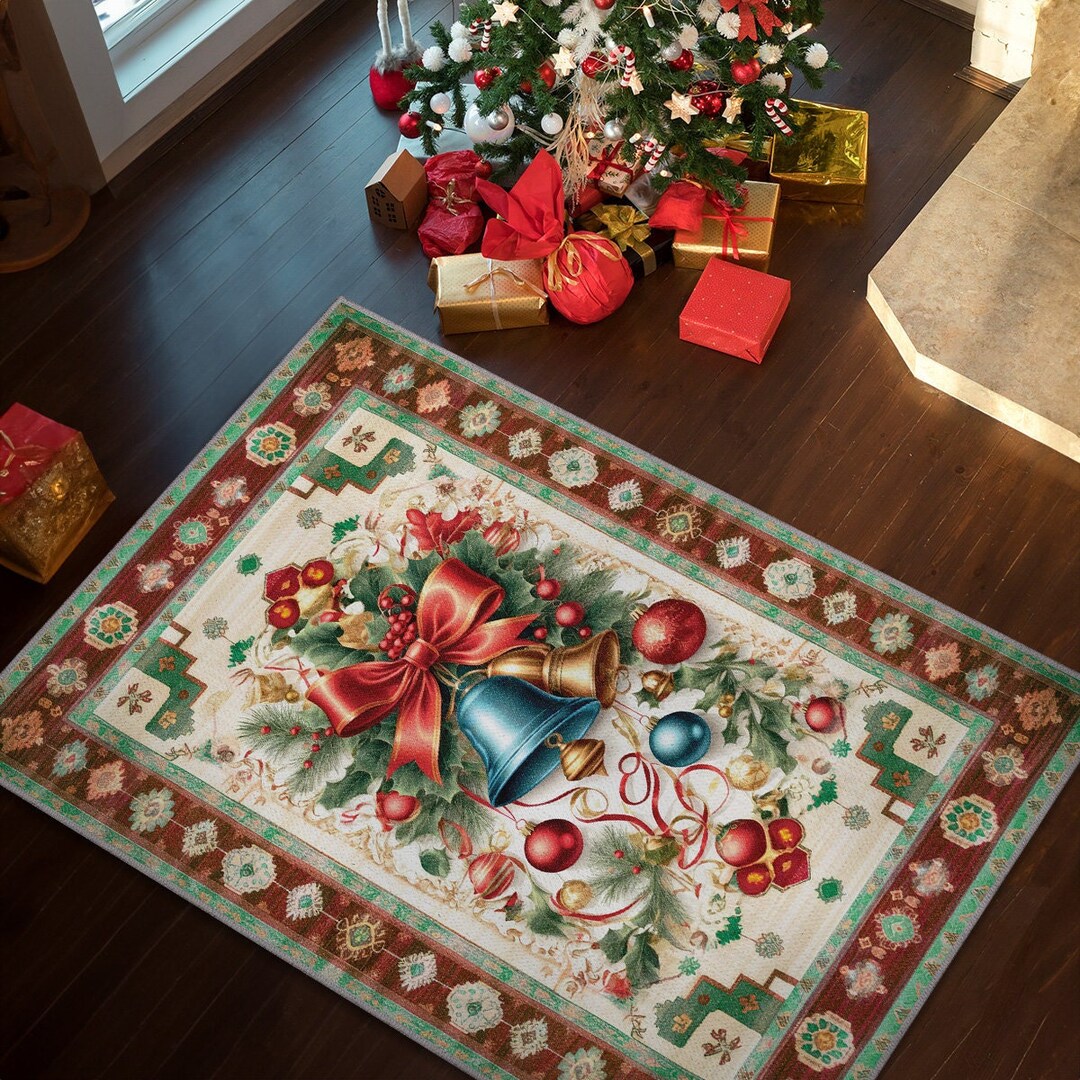 Colorful Rustic Christmas Bell Rug With Christmas Tree Ornaments ...