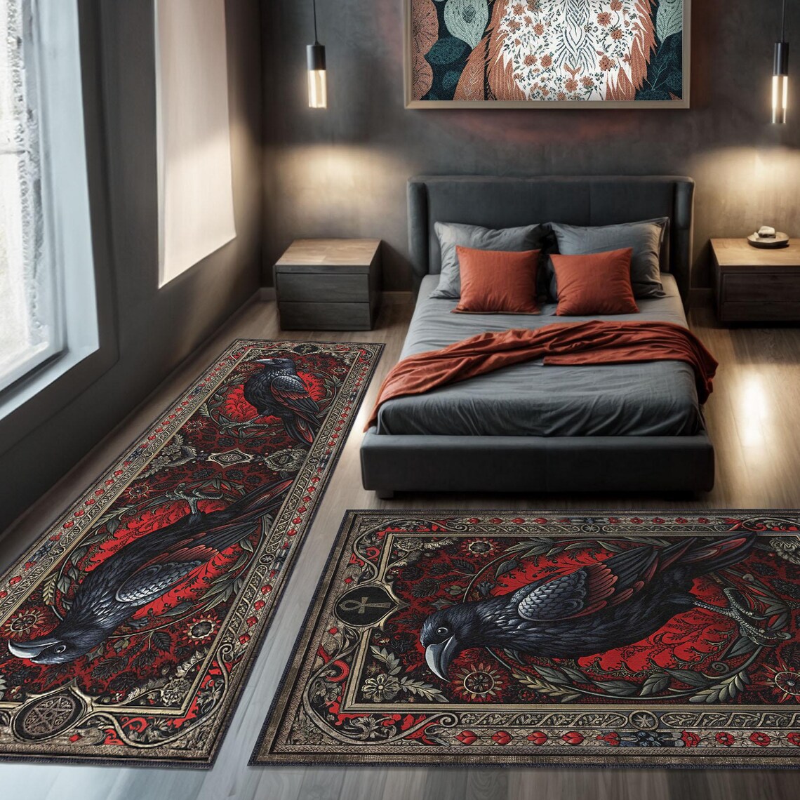 Gothic Raven Rug, Red and Black Occult Decor, Washable Rug, Witchy Home ...
