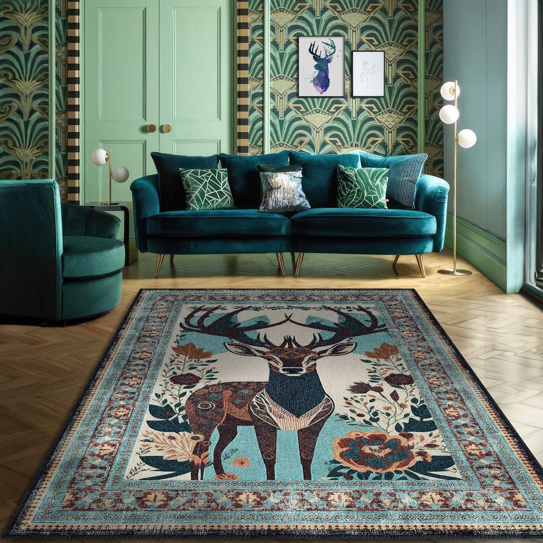 Deer Rug, Flower Rug, Christmas Deer Decor, Rustic Decor, Animal Rug ...