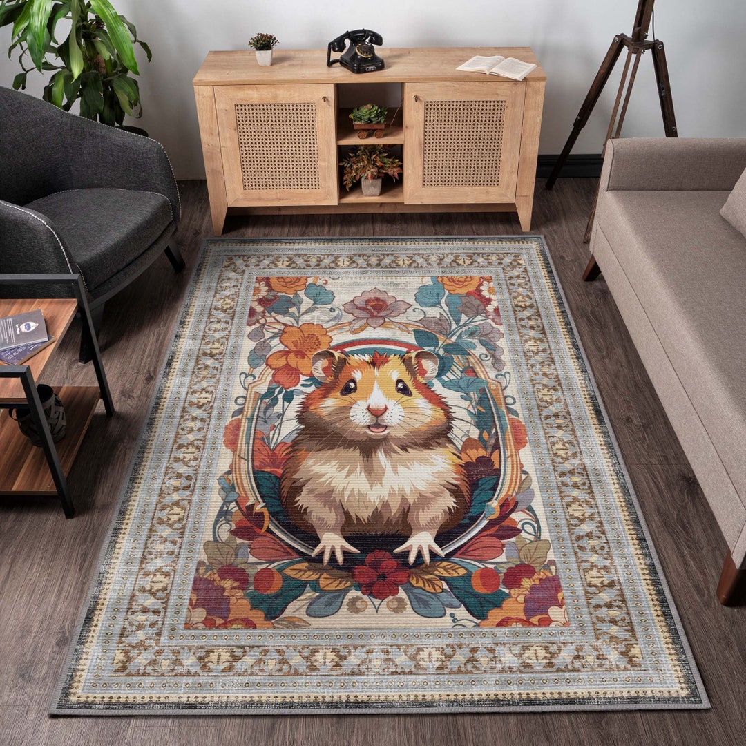 Hamster Printed Persian Animal Rug, Floral Rug With a Syrican Hamster ...