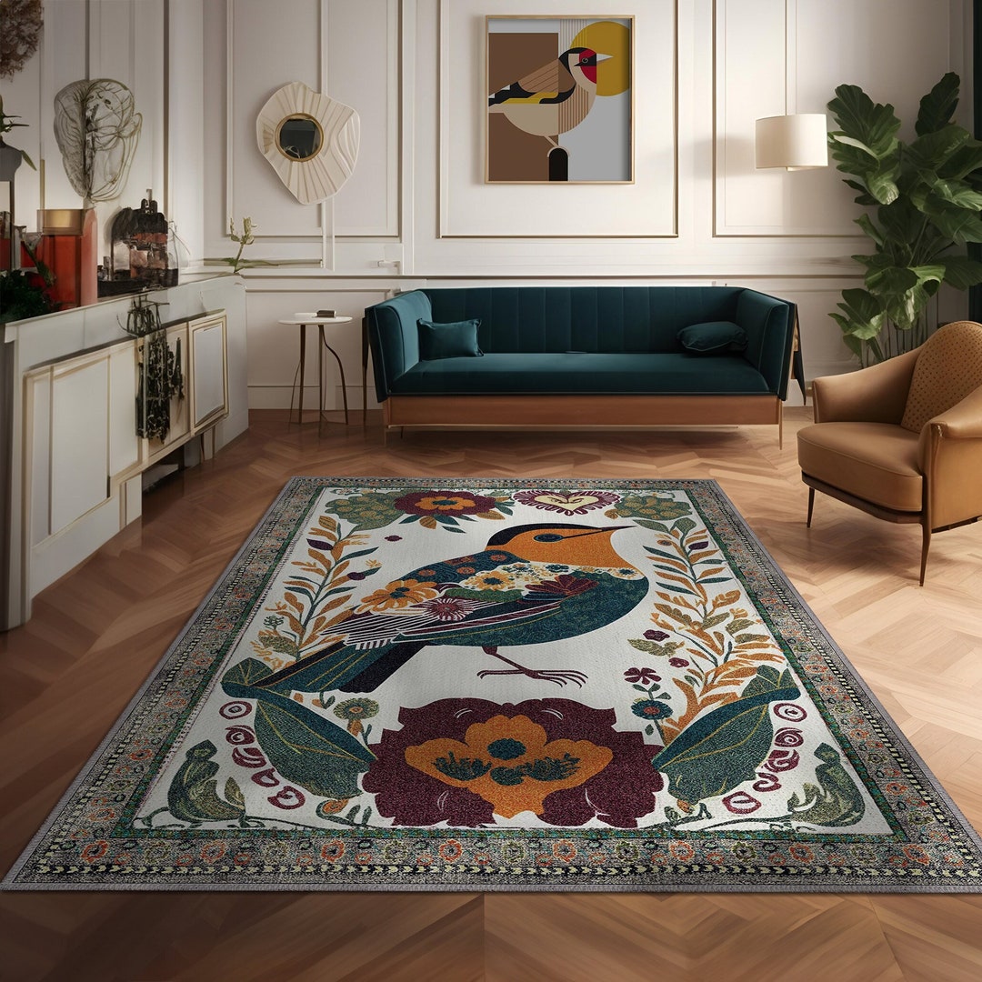 Art Deco Bird Rug, Bird and Flowers Vintage Rug, Floral Persian Rug ...