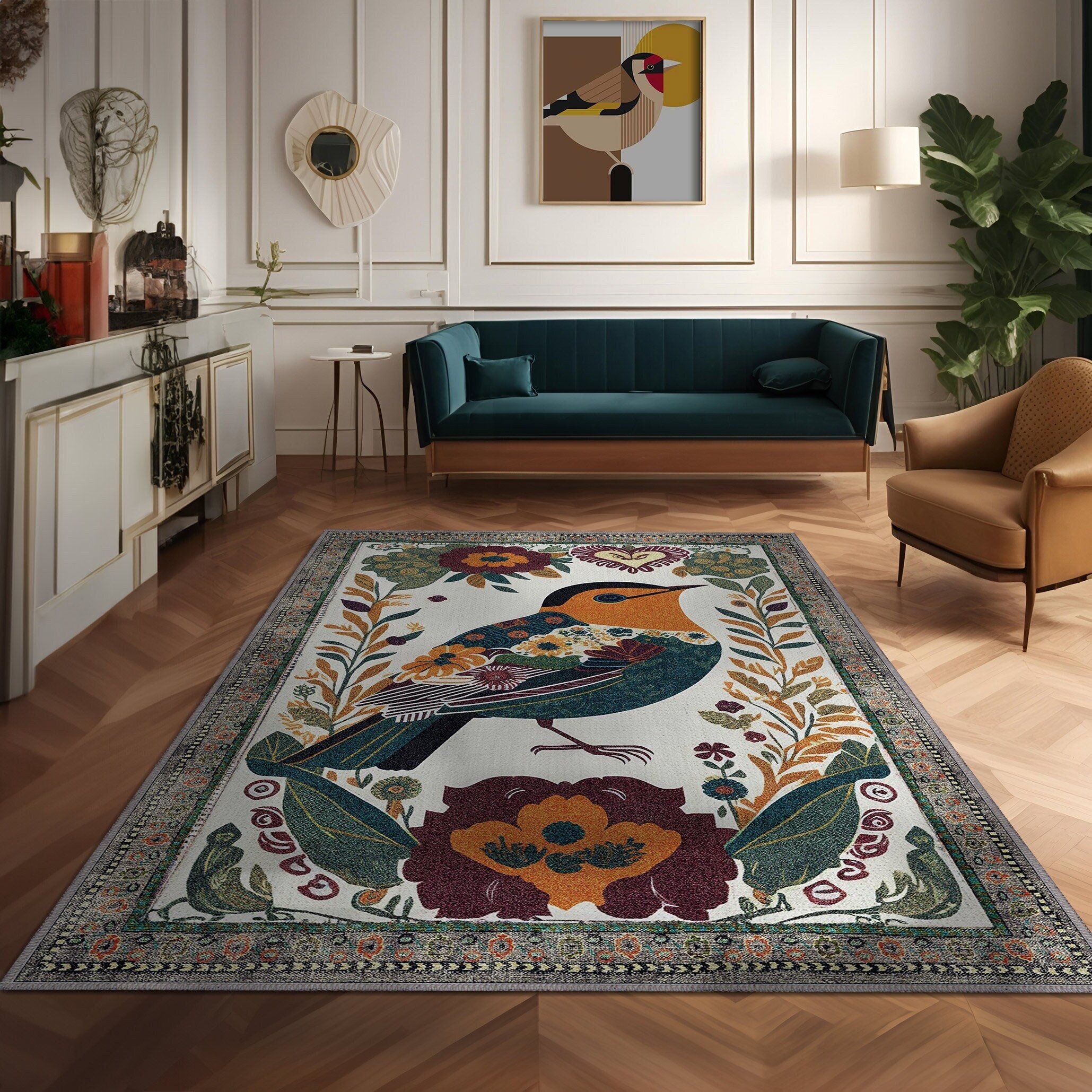 Art Deco Bird Rug, Bird and Flowers Vintage Rug, Floral Persian Rug ...