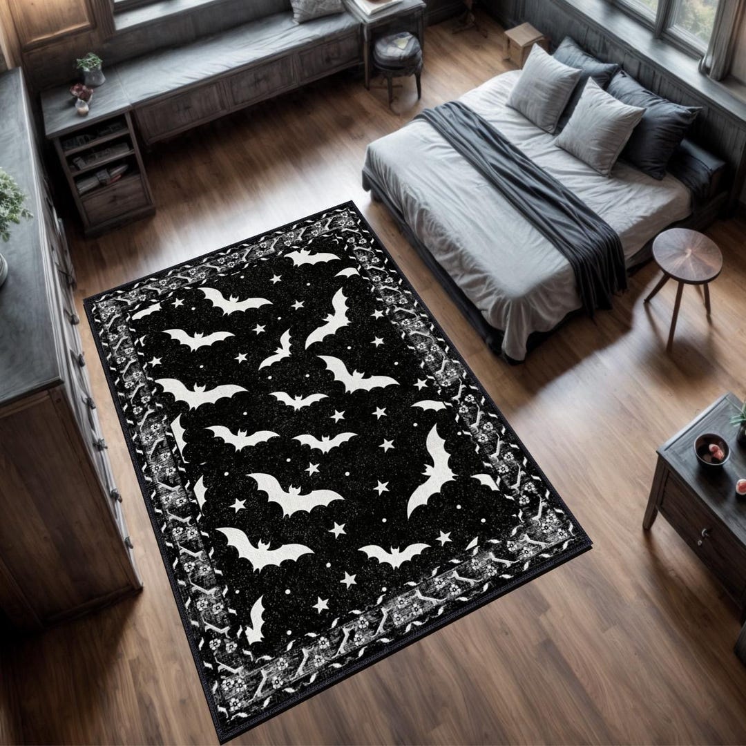Gothic Bat Rug – Black and White Halloween Area Rug, Witchy Washable ...
