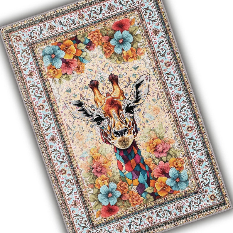 Colorful Giraffe Rug, Vintage Look Washable Rug, Flower Pattern Persian ...