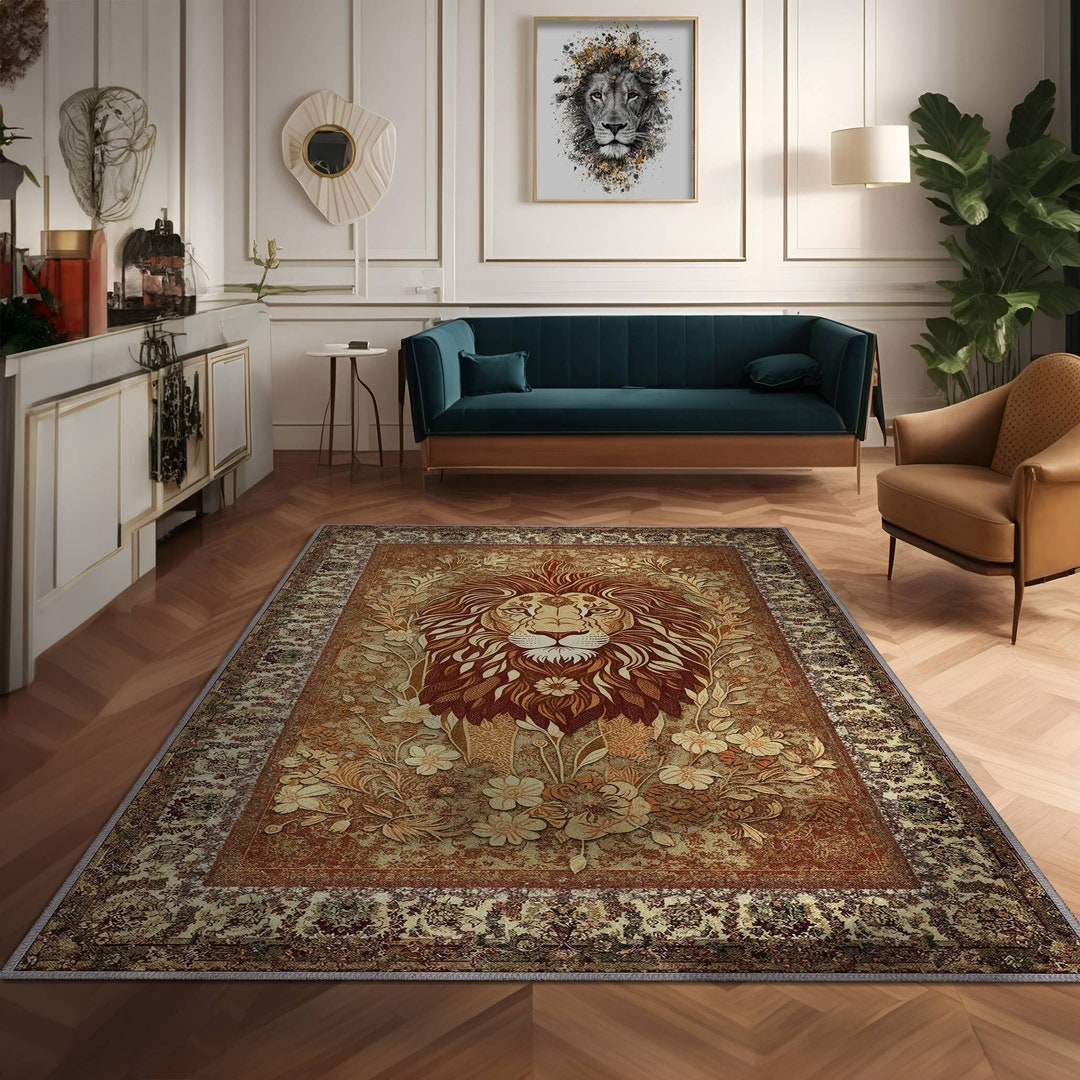 Art Deco Rustic Lion Rug, Magestic Lion in the Flowers Rug, Boho Lion ...