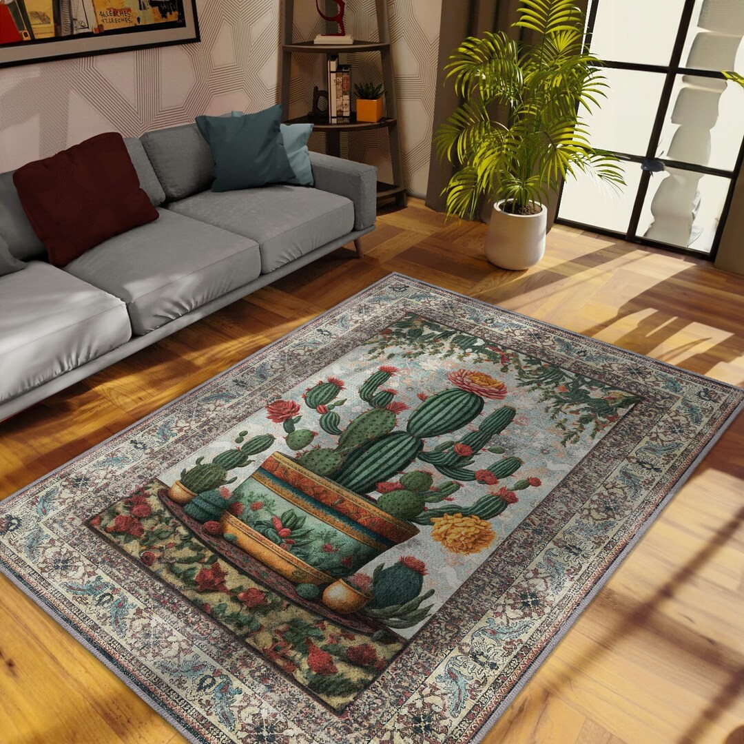 Cactus Rug,western Decor, Vintage Washable Plant Rug, Texas Decor ...