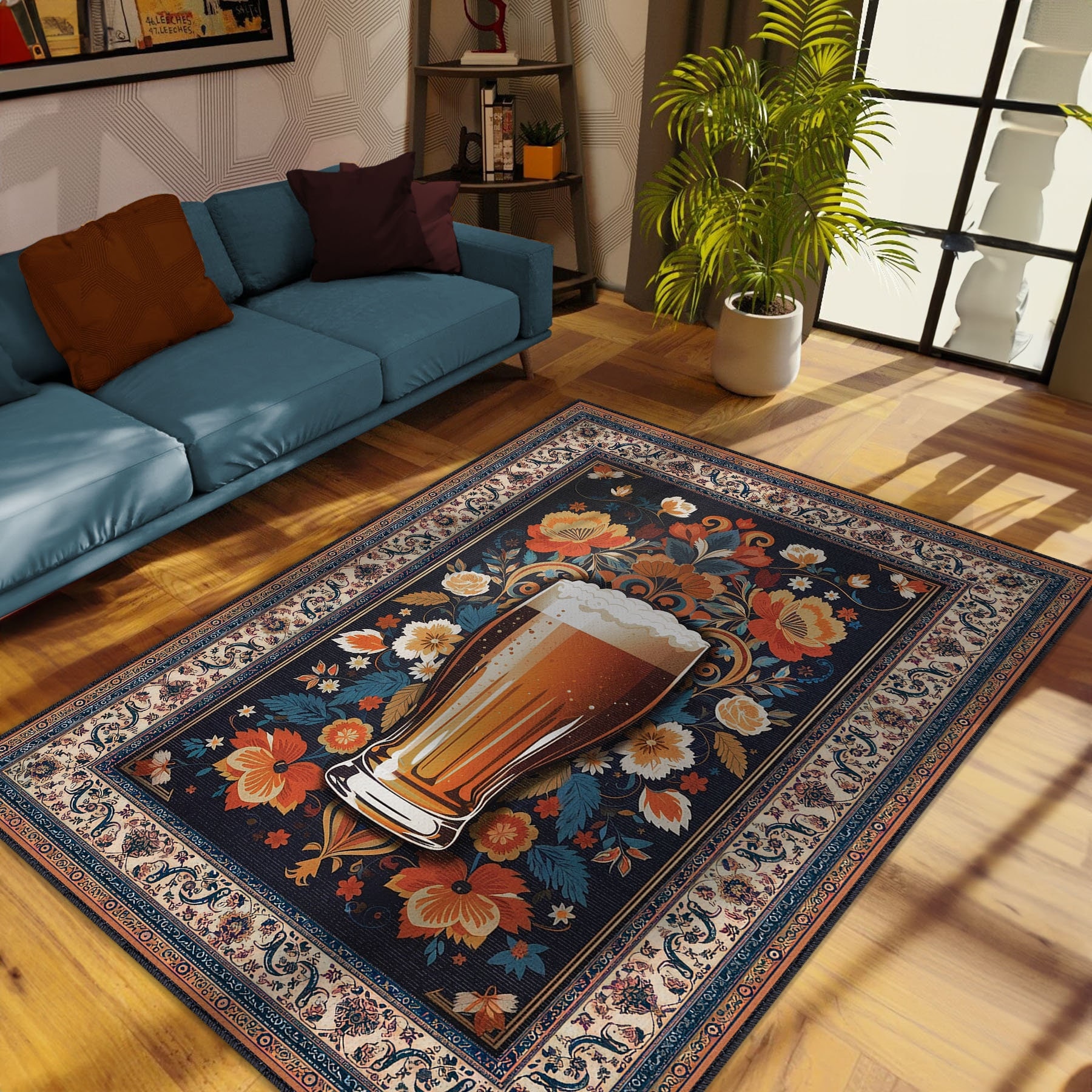 Beer Glass Rug, Home Bar Decor, Washable Area Rug, Man Cave Carpet ...