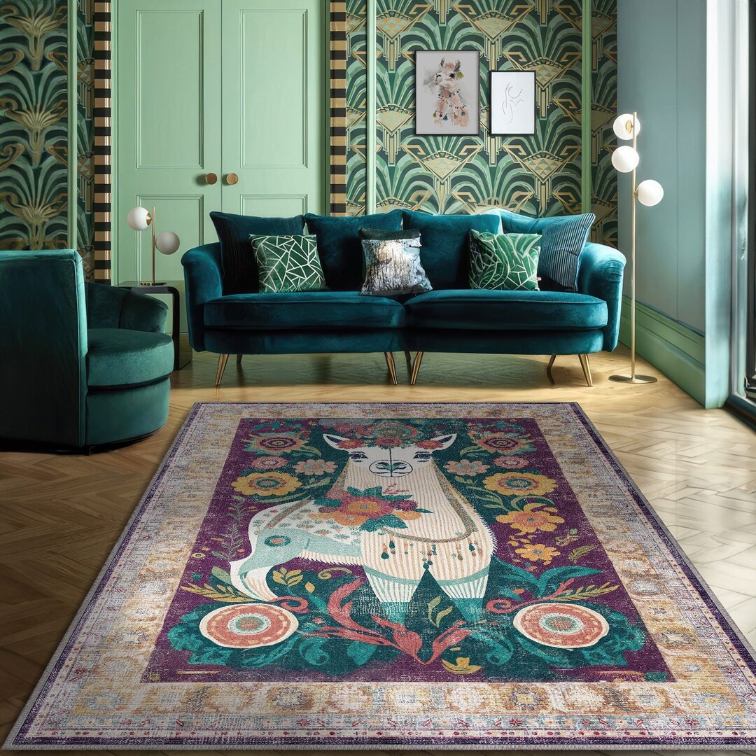 Art Deco Llama Rug, Cute Llama Rug, Animal Themed Vintage Rug, Nursery ...