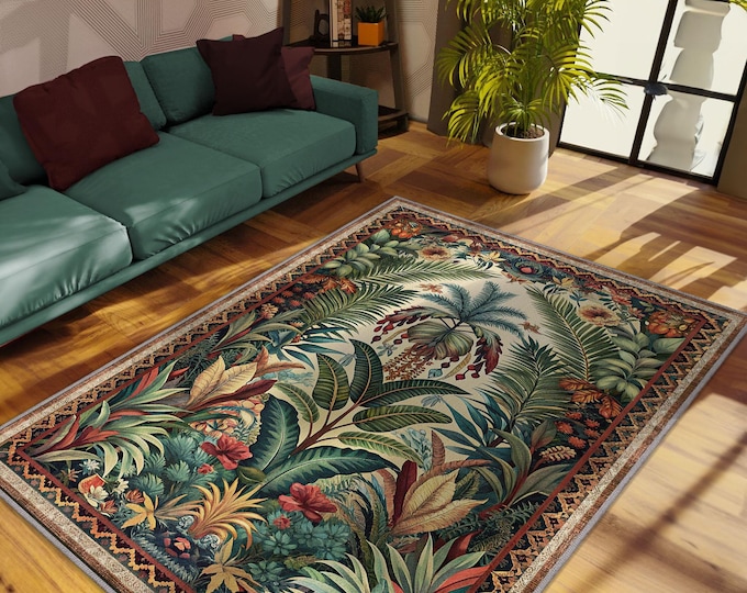 Maximalist Forest Rug for Tropical Decor, Green Plant Rug, Nature Rug ...
