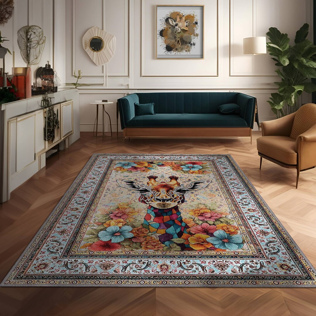 Colorful Giraffe Rug, Vintage Look Washable Rug, Flower Pattern Persian ...