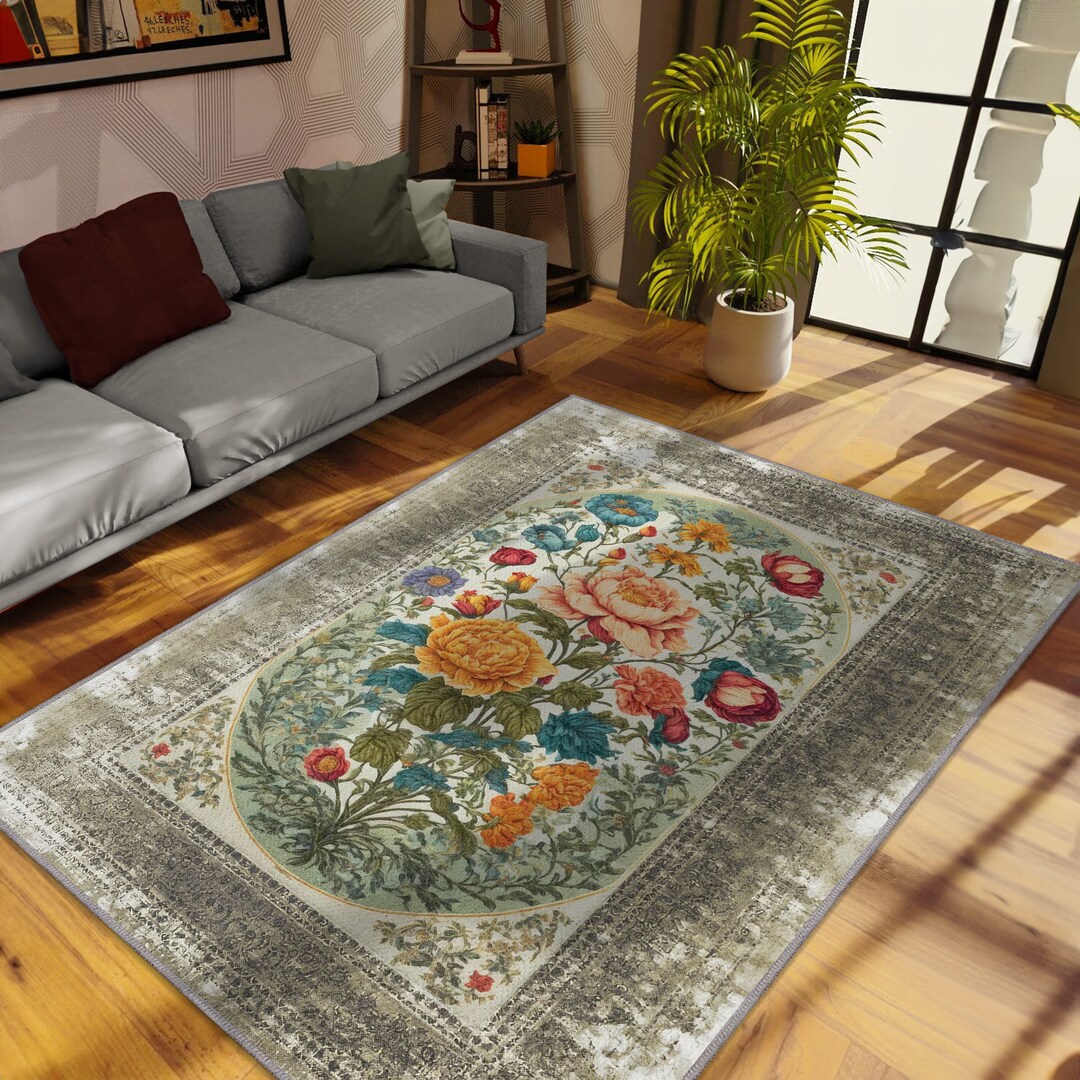 Vintage Rug Look Spring Flowers Themed Art Deco Style Digital Print Rug ...